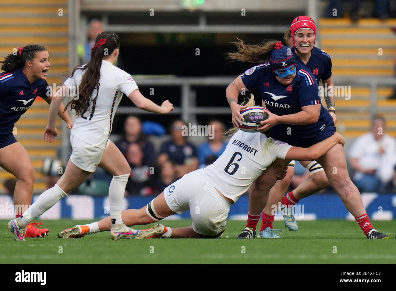 Rose Bernadou of France, right, she's being tackled by England's ...