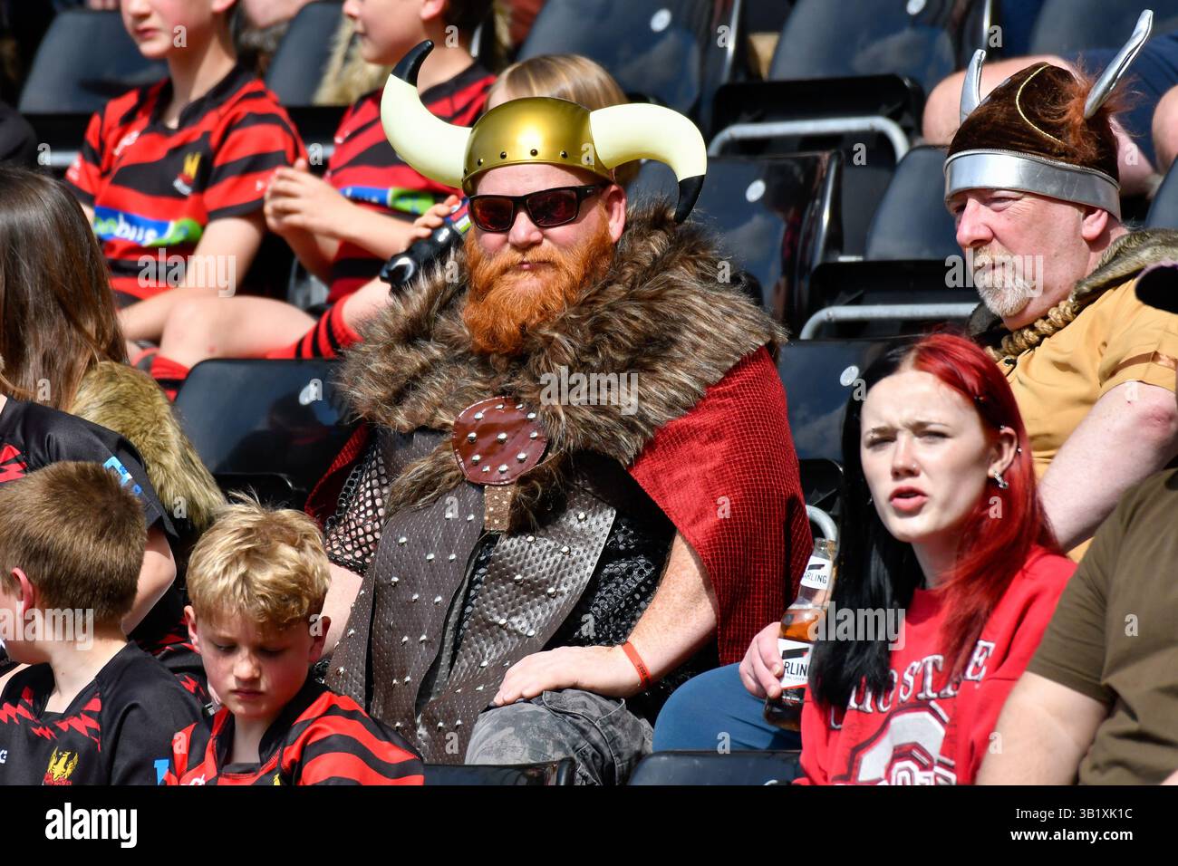 Swansea, Wales. 26 April 2025. Rugby fans dressed as vikings during the ...