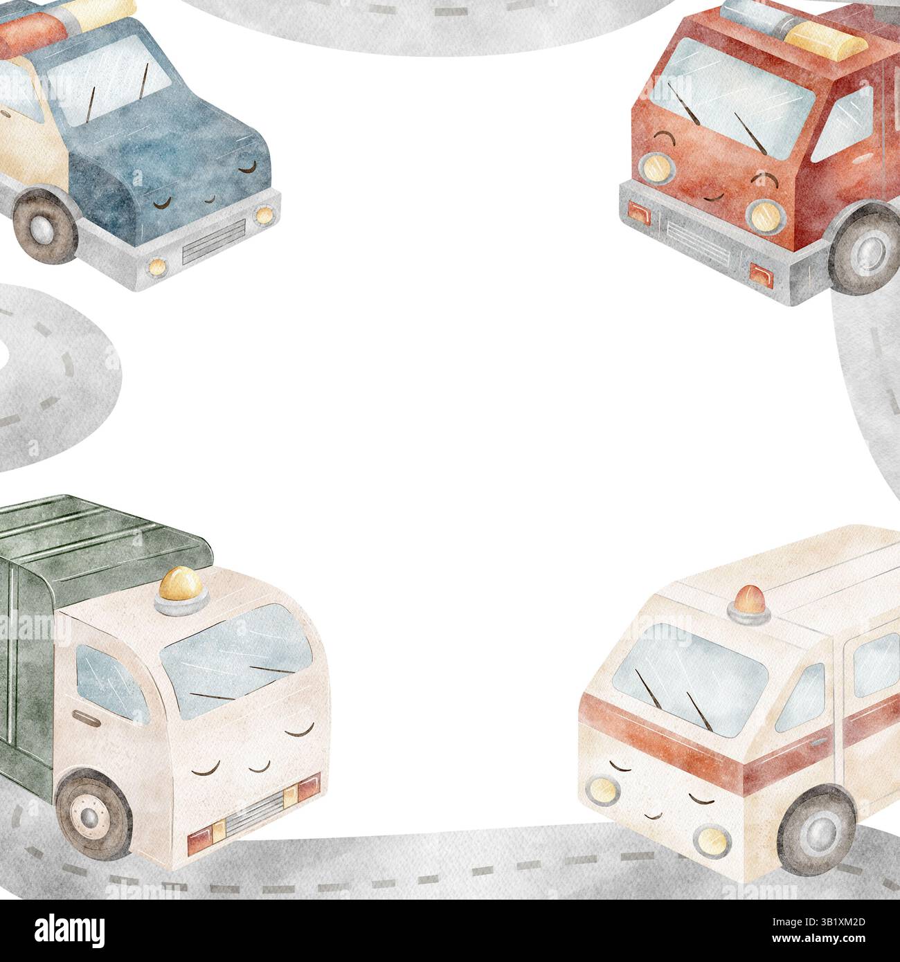 Watercolor illustration city cars, fire truck, garbage truck, police ...