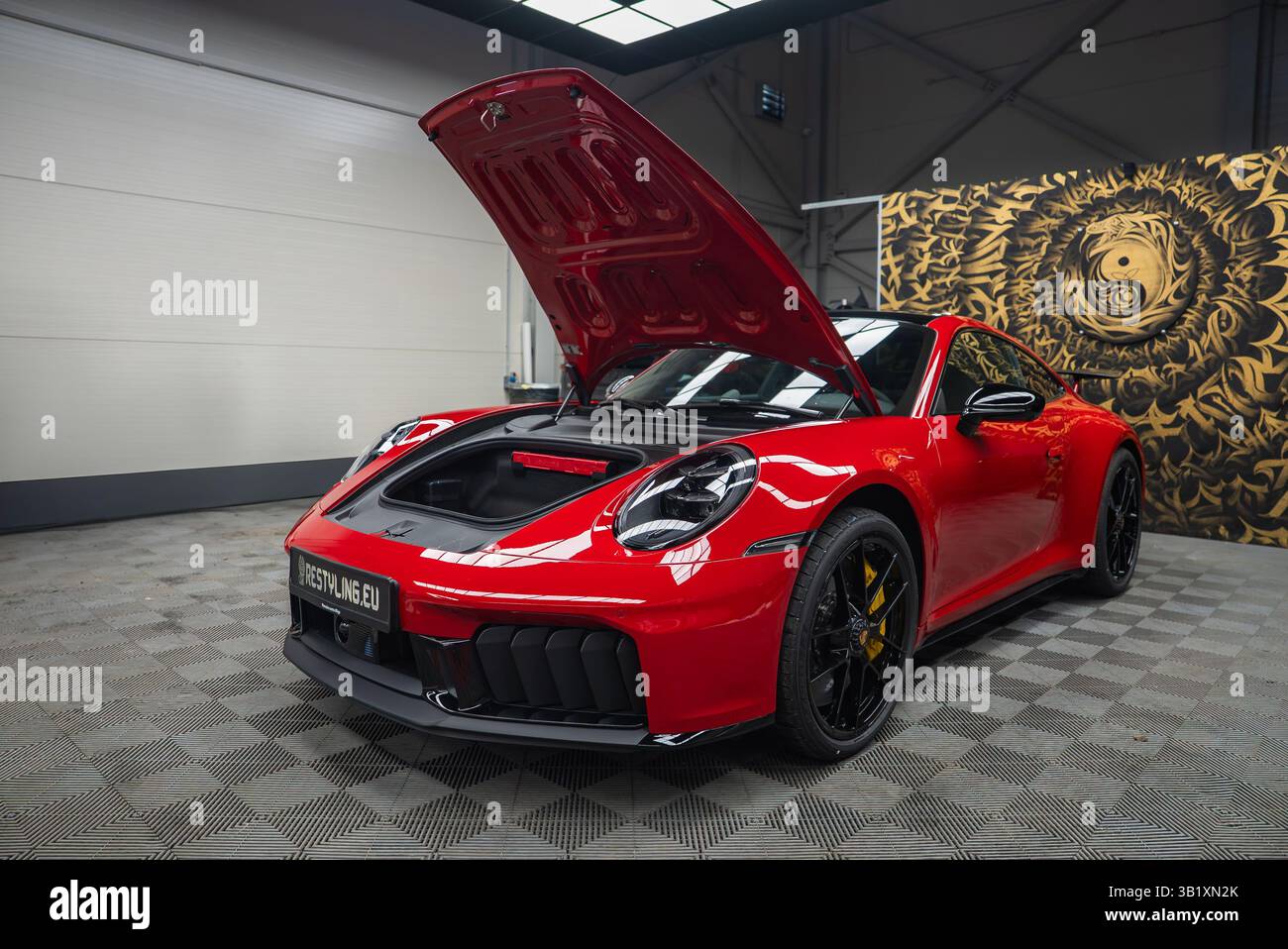 2025 Porsche 911 GT3 922 in Red with Hood Open on Checkered Floor Stock ...
