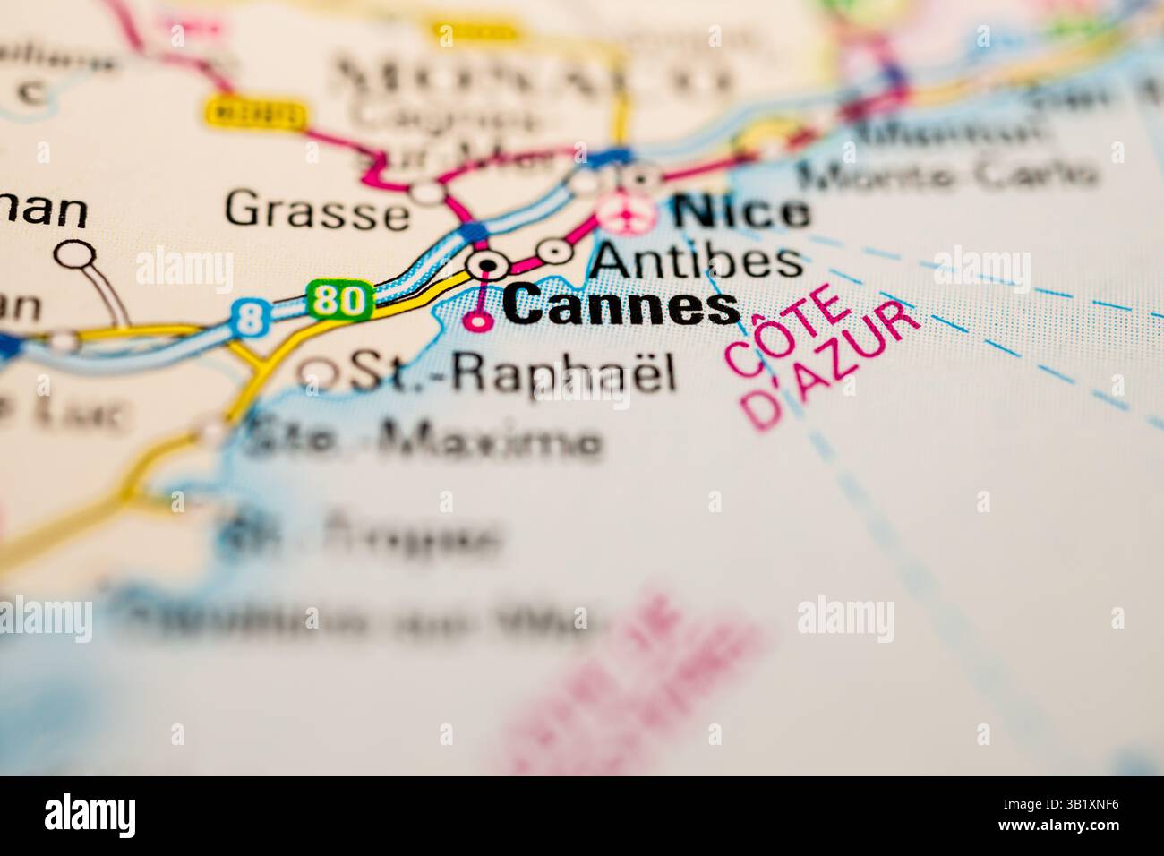 Detailed map showing Cannes and Saint Raphael Stock Photo - Alamy