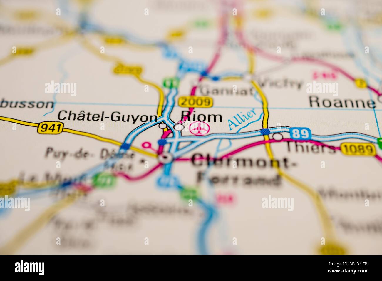 Châtel Guyon and Riom highlighted on France road map Stock Photo - Alamy