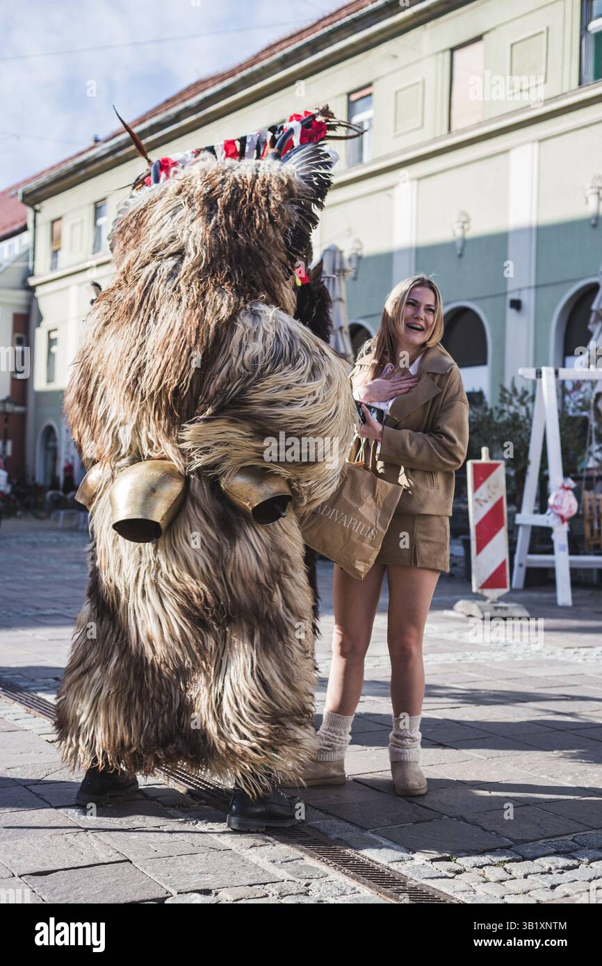 A kurent without his mask on carnival in Slovenia. It's a traditional ...