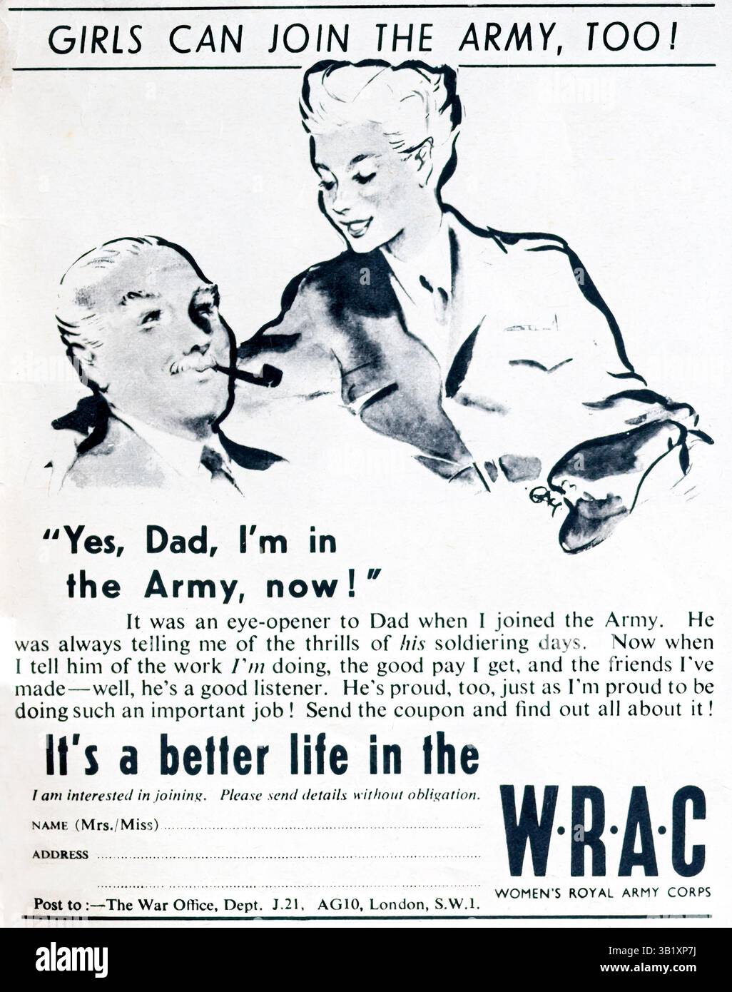A 1950s War Office recruiting advert for the WRAC, Women's Royal Army ...