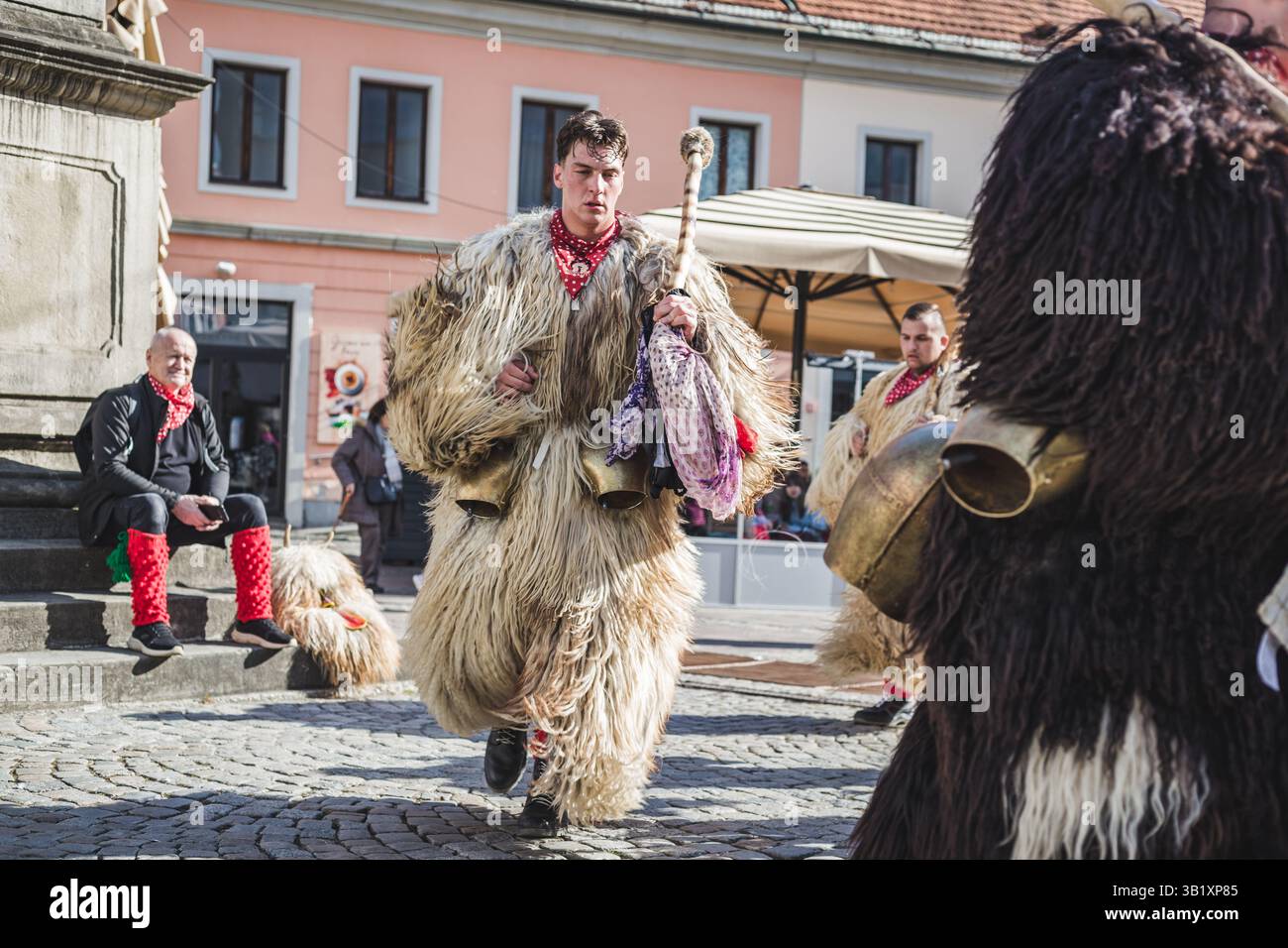 A kurent without his mask on carnival in Slovenia. It's a traditional ...