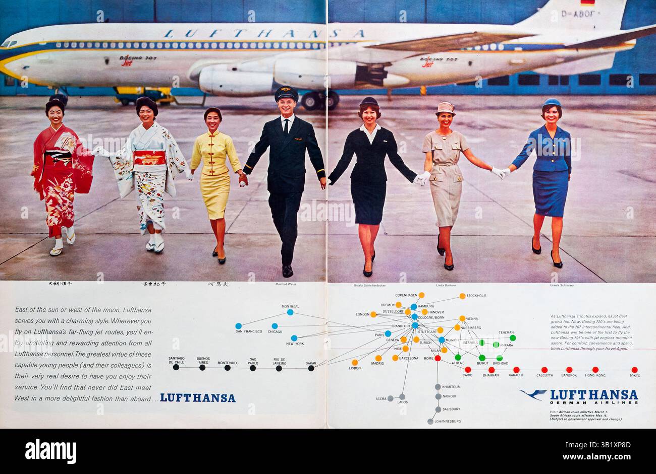 A 1962 double-page spread magazine advertisement for Lufthansa German ...