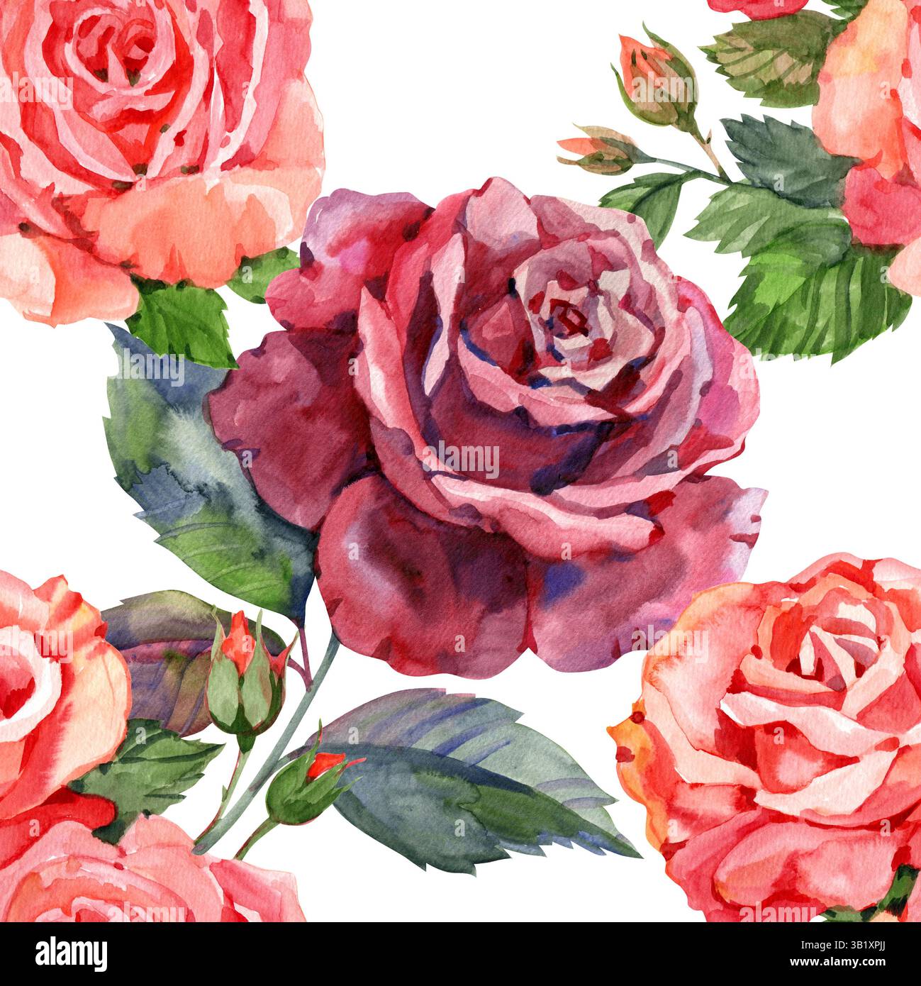 Seamless floral pattern with of red roses. Hand drawn illustration ...