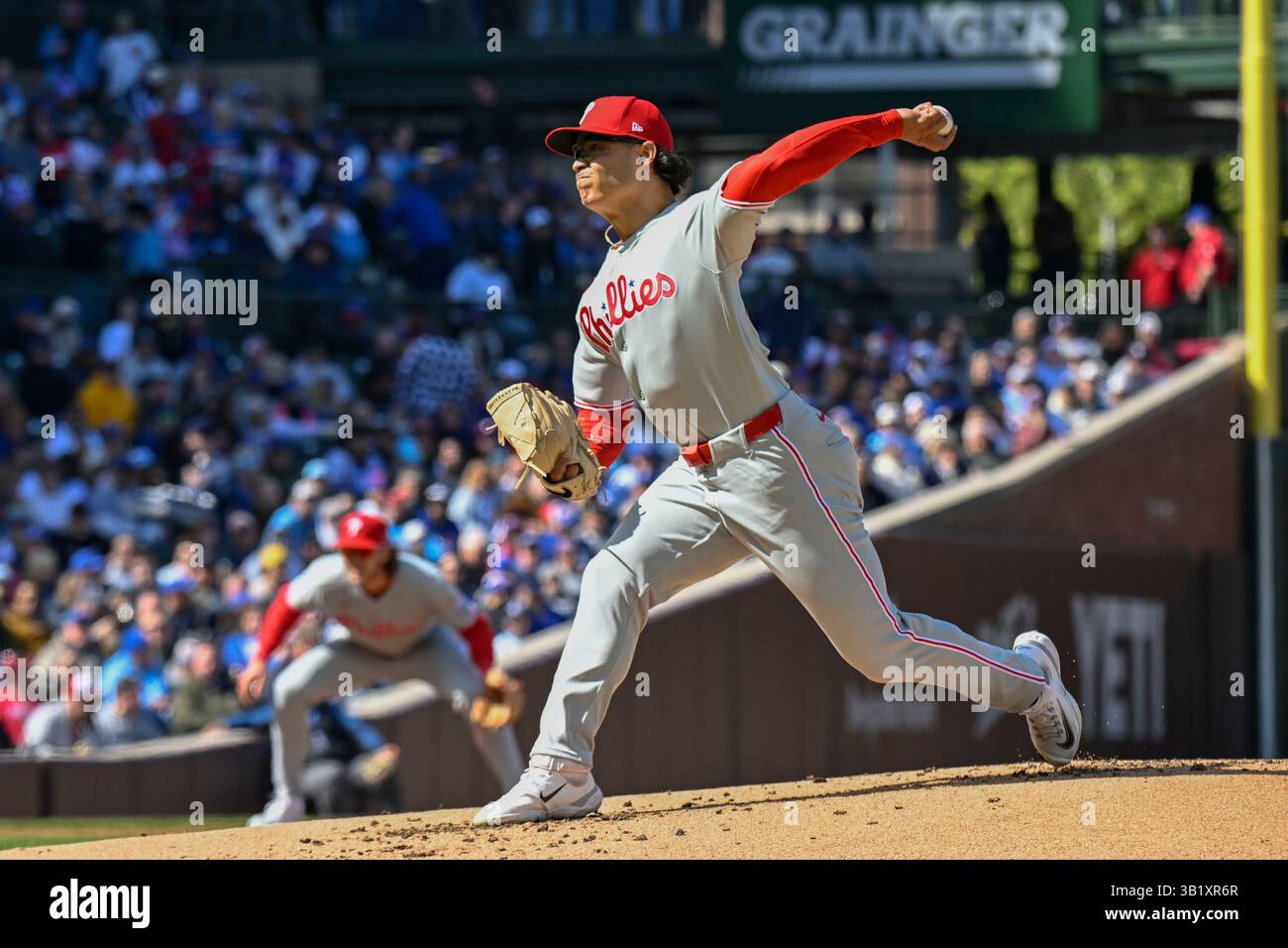 Philadelphia Phillies pitcher Jesús Luzardo delivers during the first inning of a baseball game ...