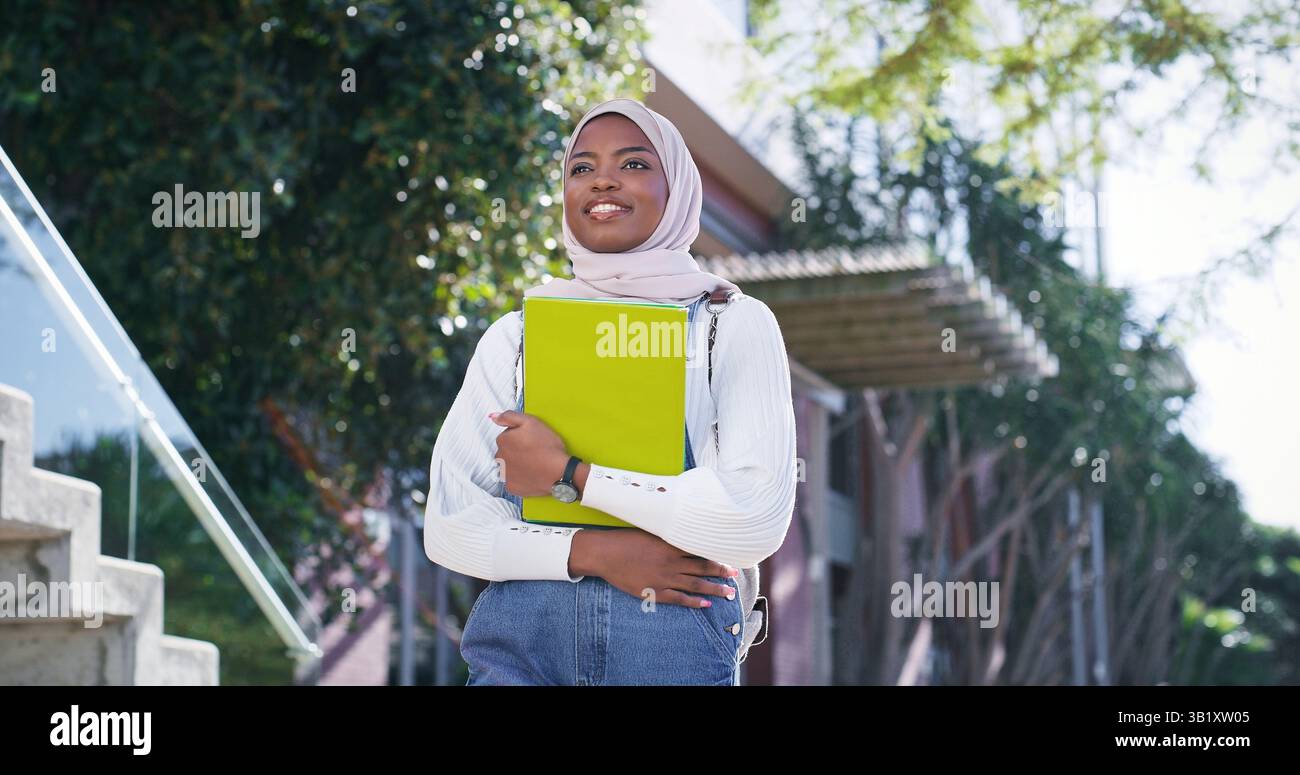 University, campus and black woman in hijab with smile, backpack and ...