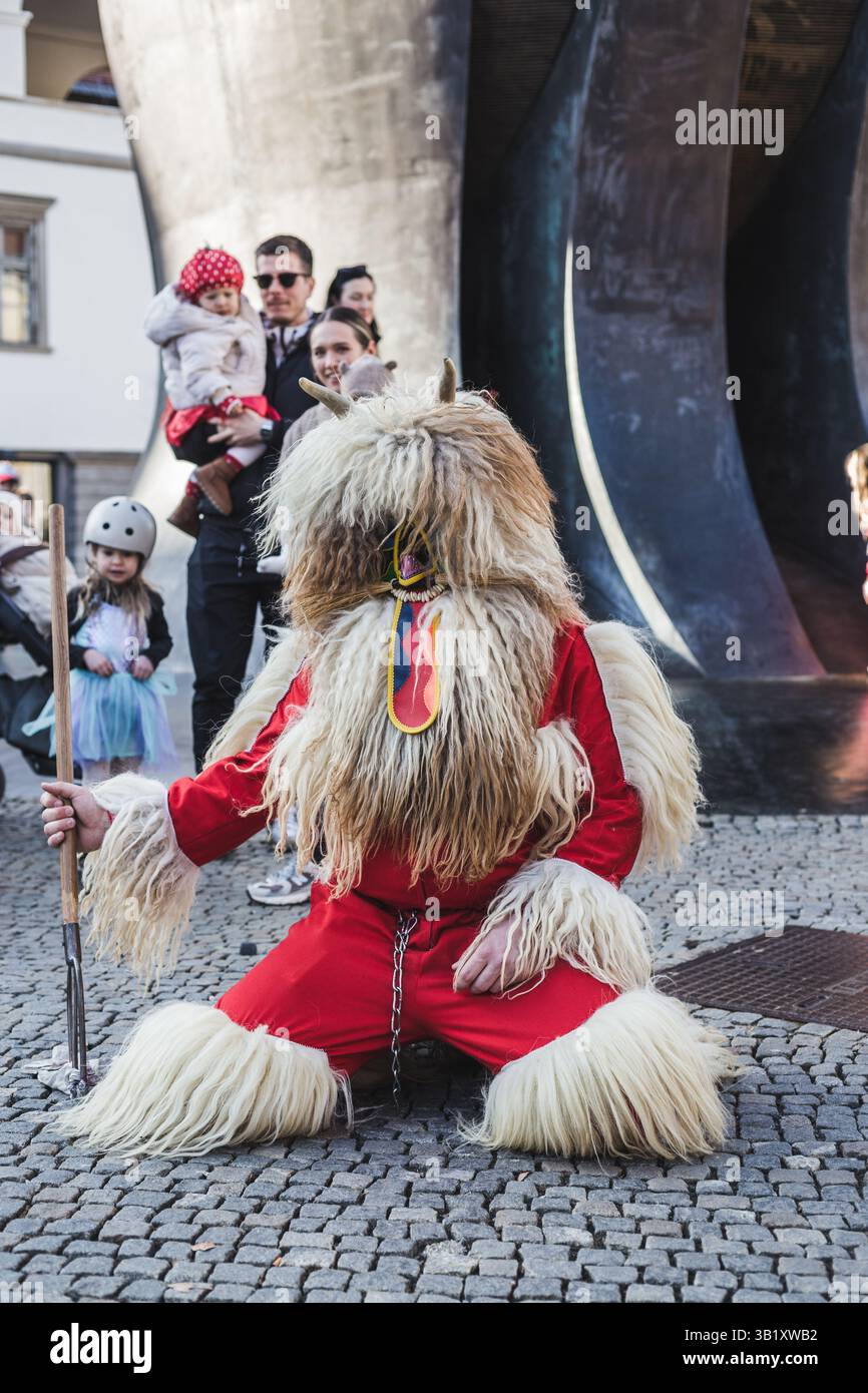 A kurent without his mask on carnival in Slovenia. It's a traditional ...