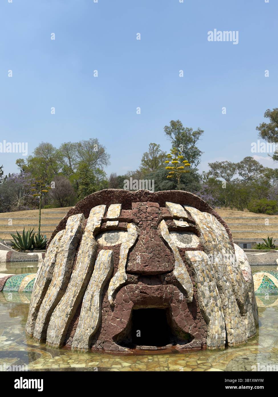 El Fuente de Tláloc in front of El Cárcamo de Dolores small museum, This mosaic sculpture ...