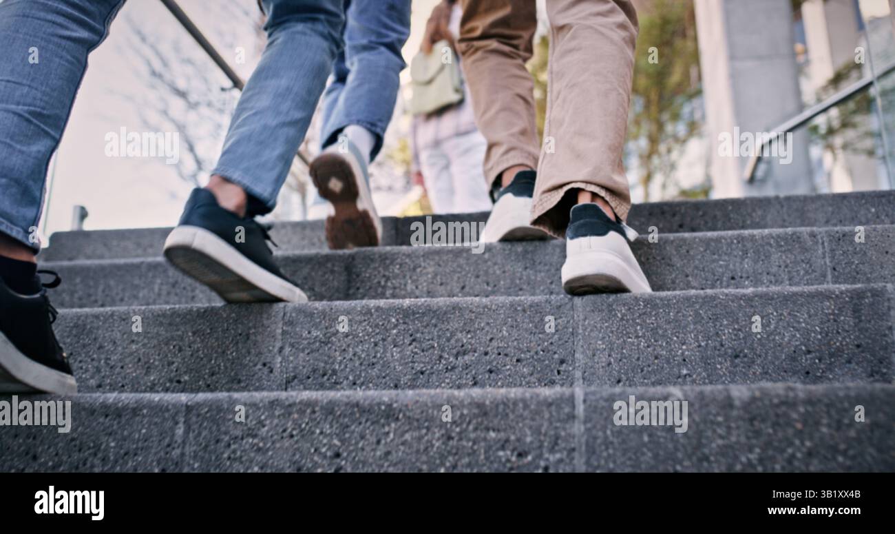Feet, people and walking on steps at school for education, learning ...