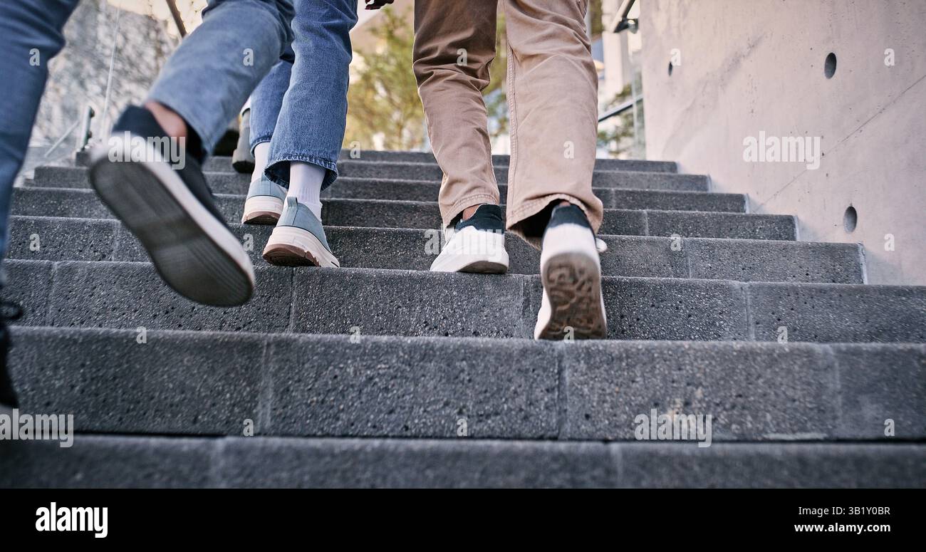Feet, students and walking on steps at school for education, learning ...