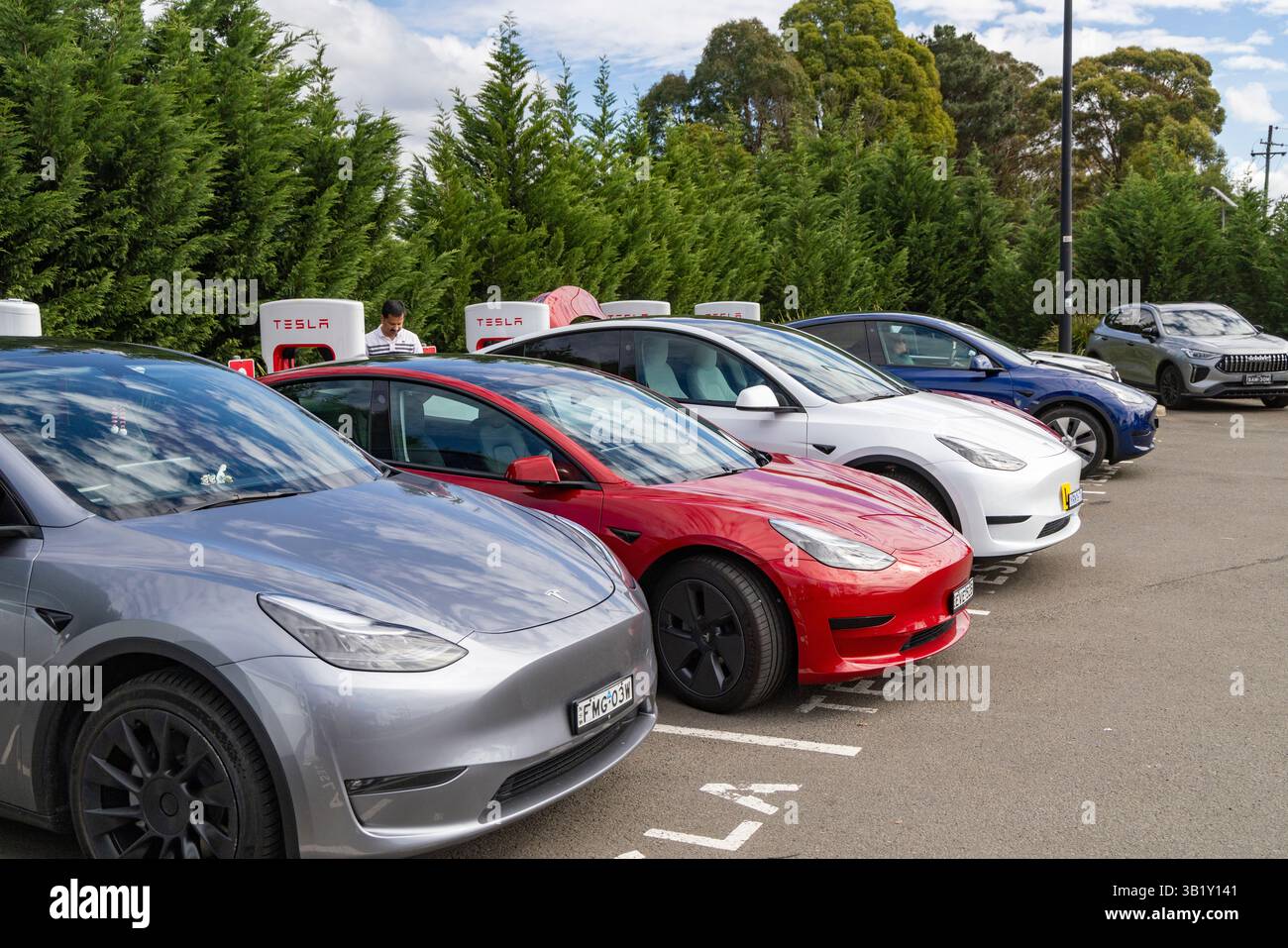 Tesla Model Y and Model 3 cars parked and charging at a Tesla ...