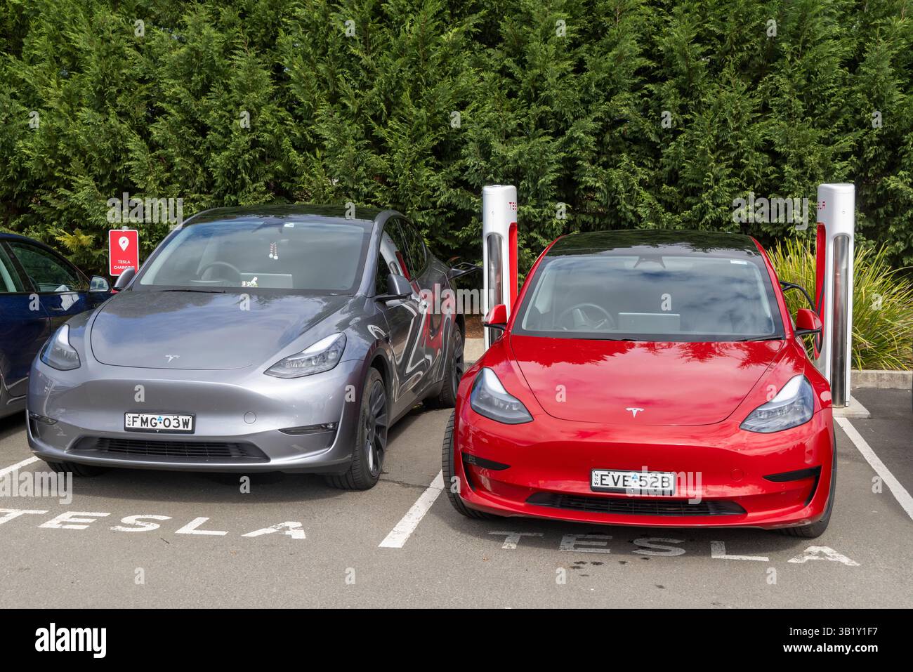 Red Tesla Model 3 and silver Tesla Model Y parked at a Tesla 250 KW ...