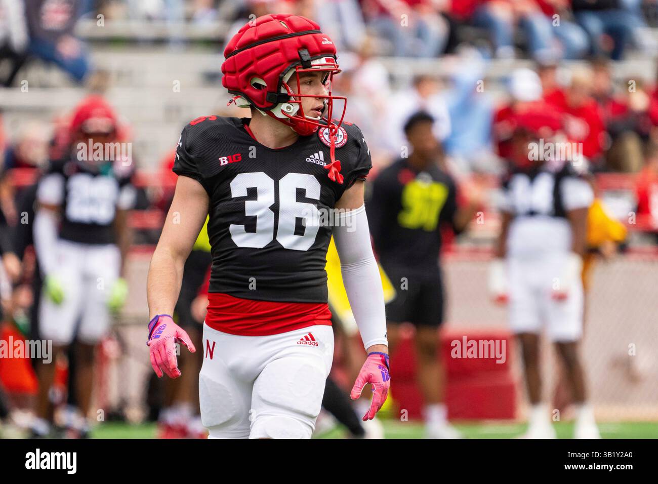 Nebraska defensive back Rowdy Bauer (36) walks onto the field during an ...