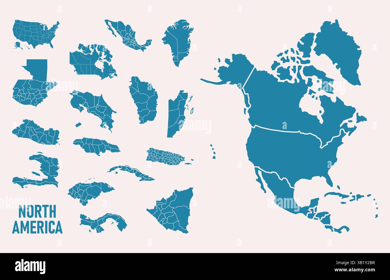 Set North America isolated map on white background. High detailed, with ...
