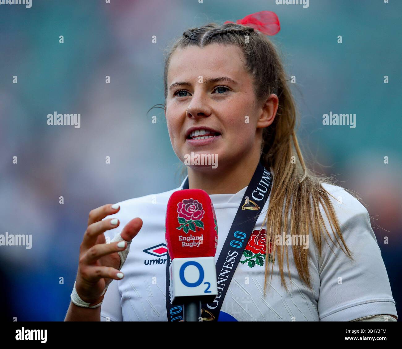 Zoe Harrison of England Women is interviewed after the teams victory ...