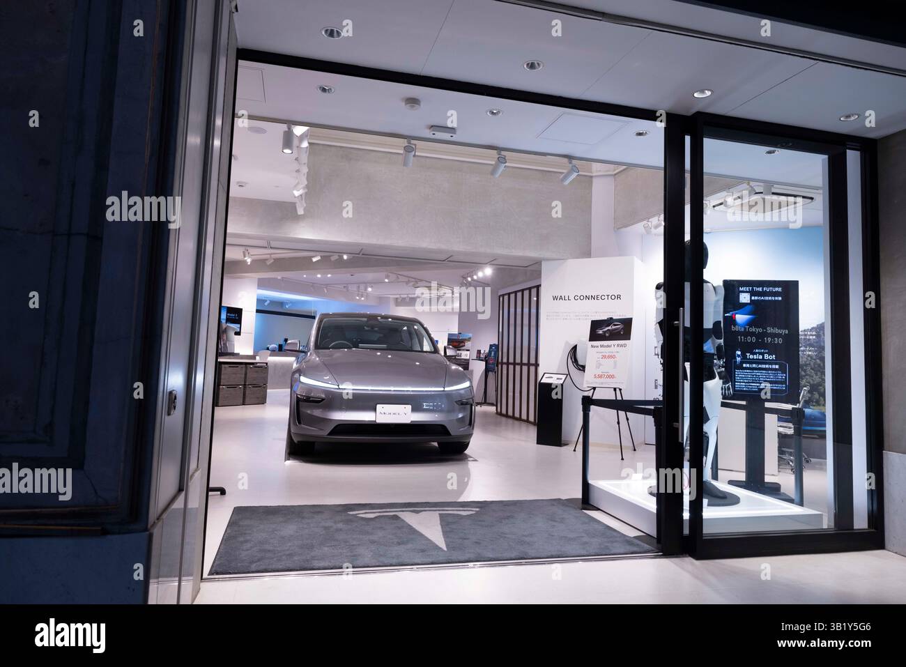 Tesla model Y on display inside the Tesla pop-up store near Shibuya ...