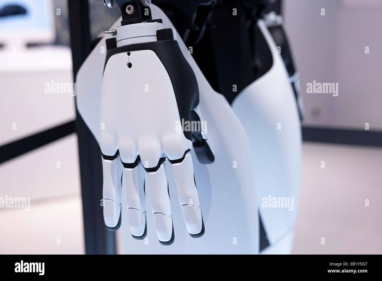 Detail of Tesla's Optimus humanoid robot's hand on display inside the ...