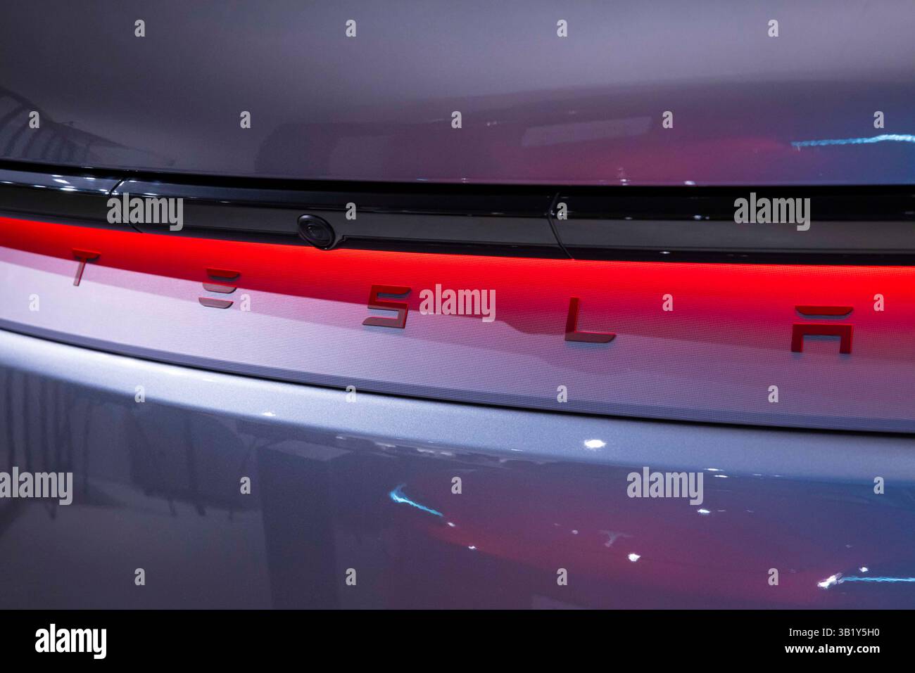 Tesla model Y on display inside the Tesla pop-up store in Shibuya ...