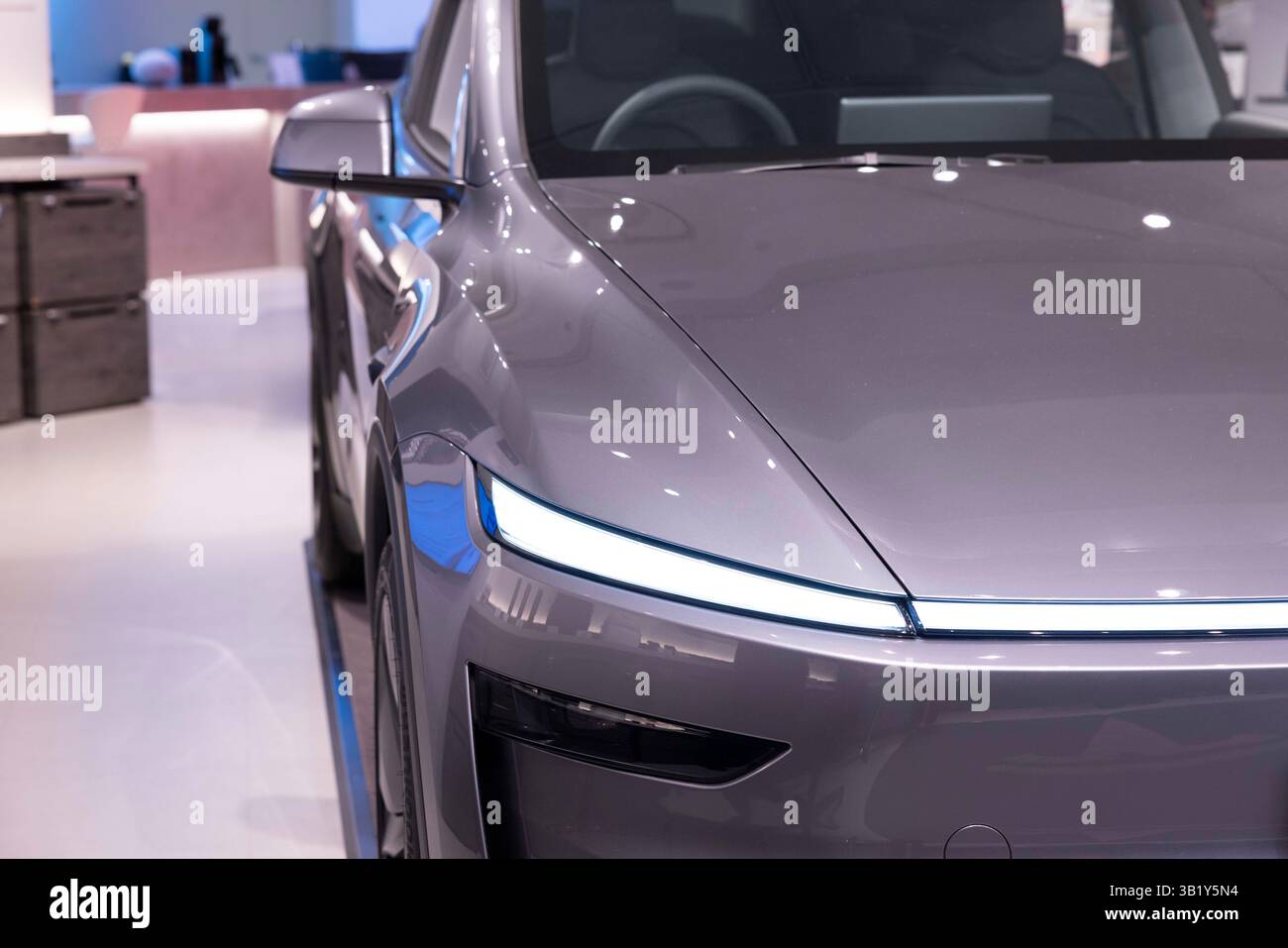 Tesla model Y on display inside the Tesla pop-up store near Shibuya ...