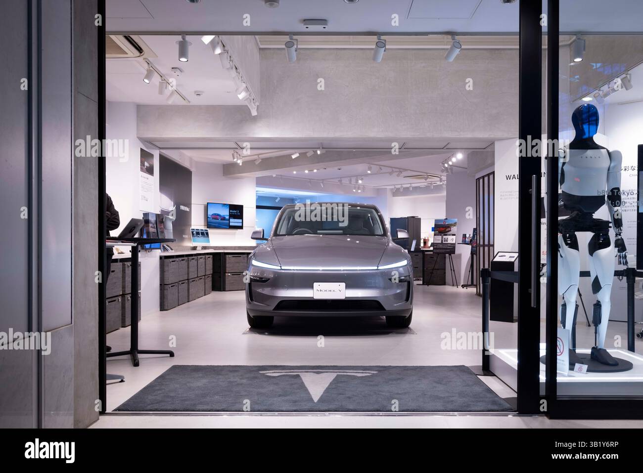 Japan. 25th Apr, 2025. Tesla model Y on display inside the Tesla pop-up ...