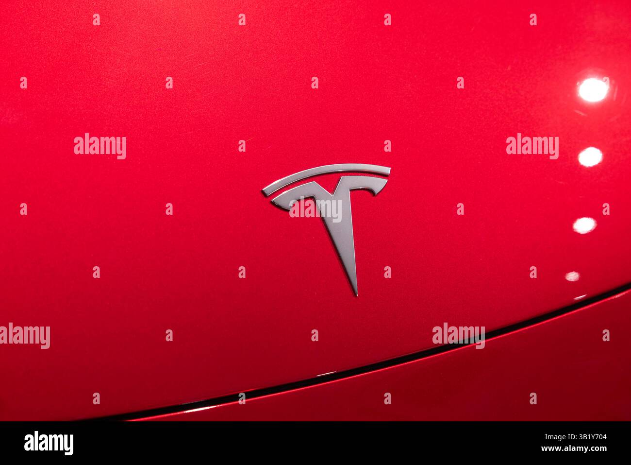 Japan. 25th Apr, 2025. Tesla logo on a Model 3 inside the Tesla pop-up ...