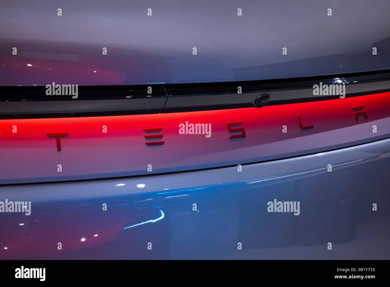 Japan. 25th Apr, 2025. Tesla model Y on display inside the Tesla pop-up ...