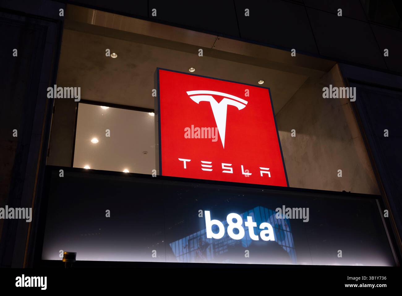 Japan. 25th Apr, 2025. Tesla branding on a Tesla pop-up store near ...