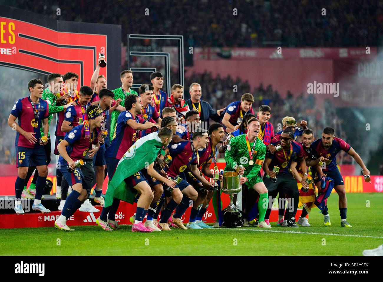 Barcelona players celebrate their victory at the Spanish Copa del Rey ...