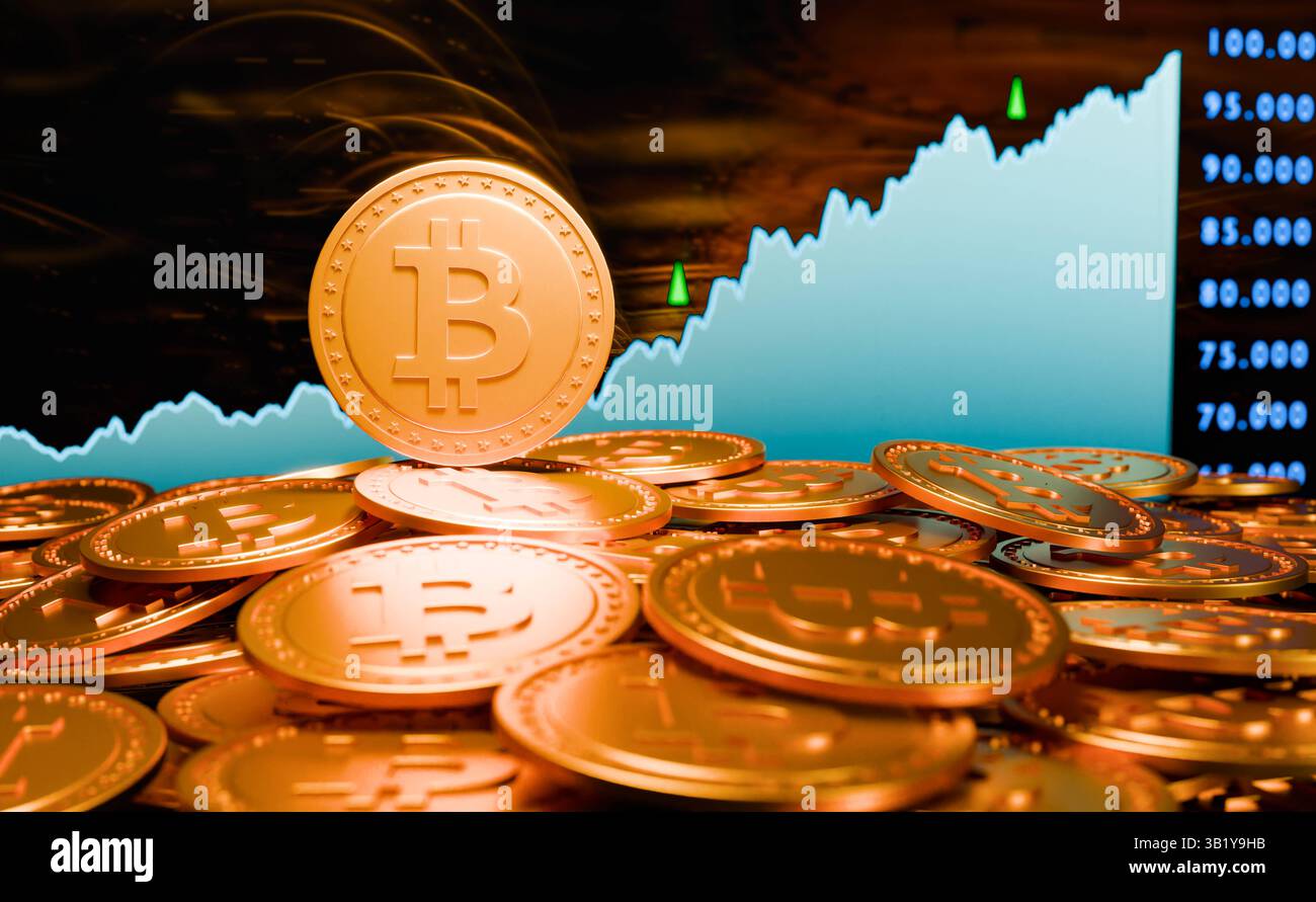 Heap of golden Bitcoins and rising chart in the background.. Heap of golden Bitcoins and rising ...