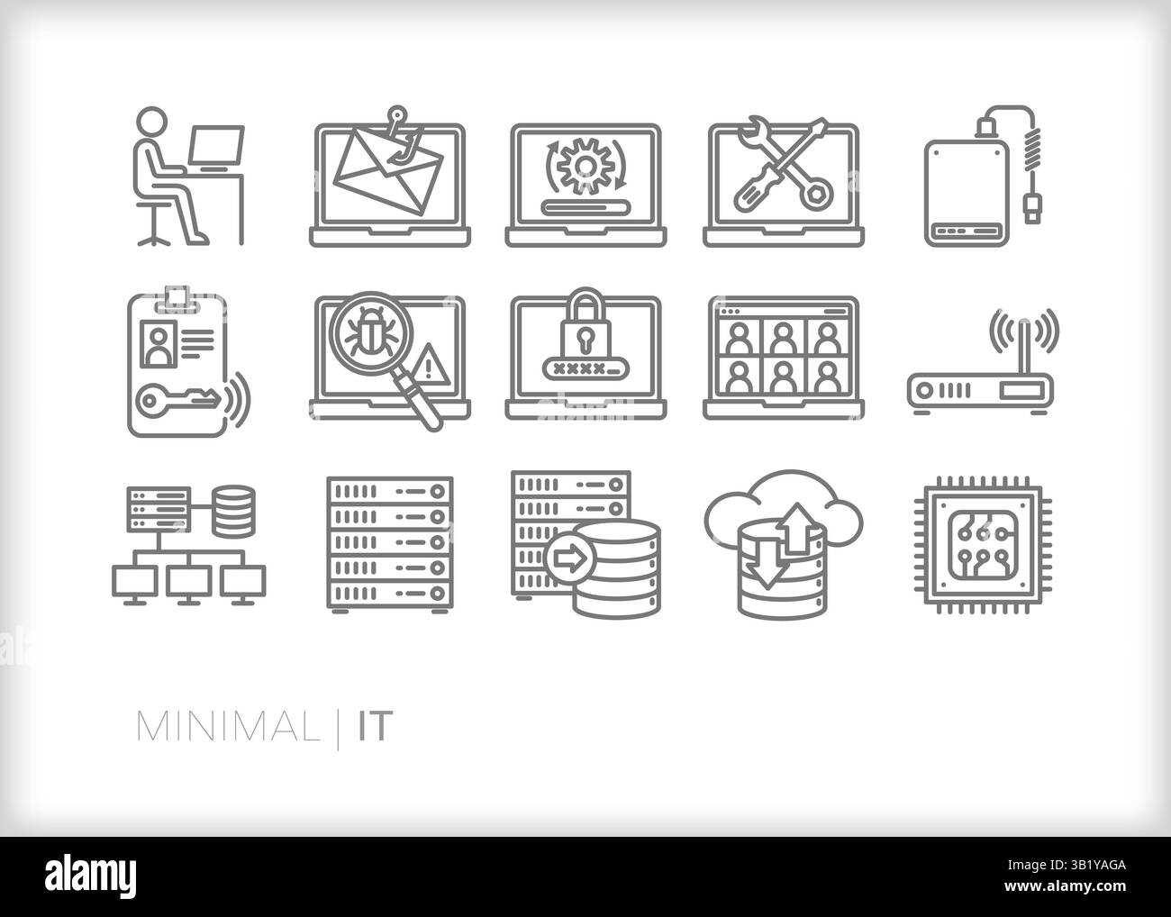 Set of 15 information technology icons depicting common tasks of an IT ...
