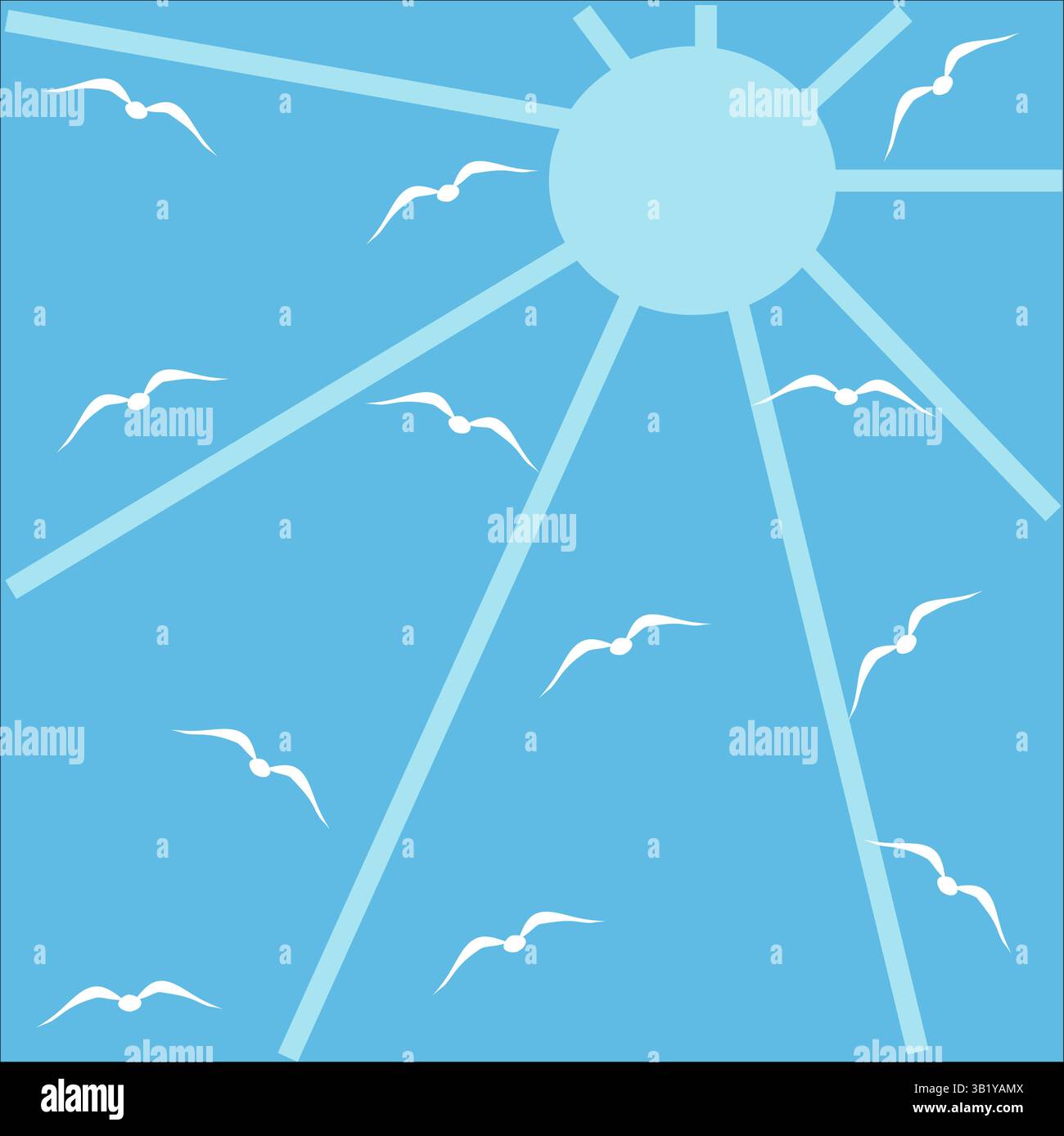 Blue sky illustration. Sun rays vector. Flying seagull birds. Air ...