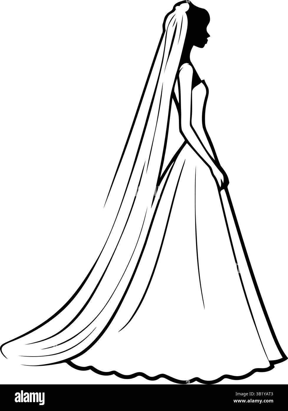 simple line art of a bride wearing wedding dress and veil. beautiful ...