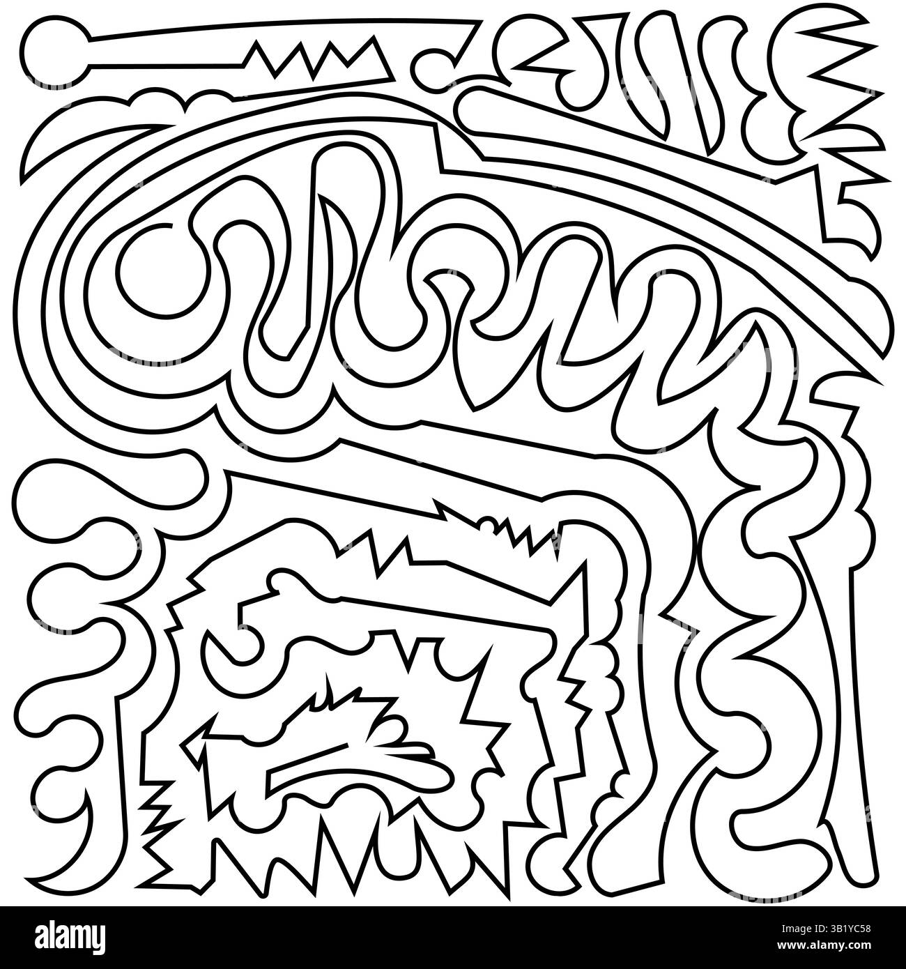 Maze abstract vector. Curved puzzle shape. Black tangled pattern. Complex contour illustration ...