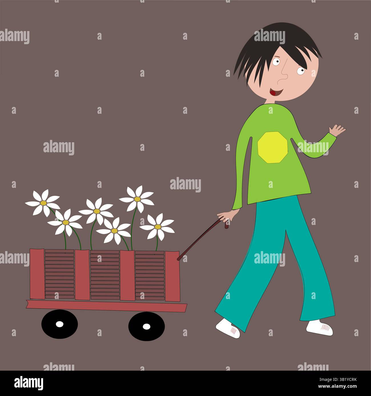 Boy walking cartoon. Pulling flower cart. Vector child motion. Brown ...