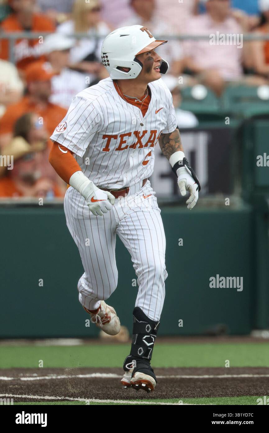 AUSTIN, TX - APRIL 26: Texas infielder Ethan Mendoza (5) watches his ...
