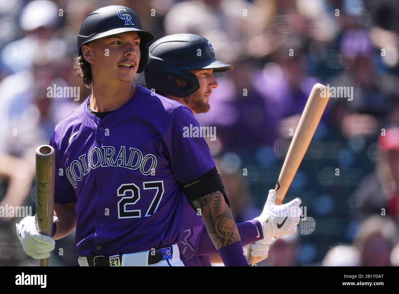 Colorado Rockies left fielder Jordan Beck (27) in the third inning of a ...