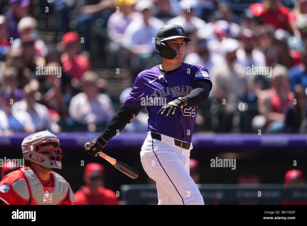 Colorado Rockies center fielder Mickey Moniak (22) in the fourth inning ...