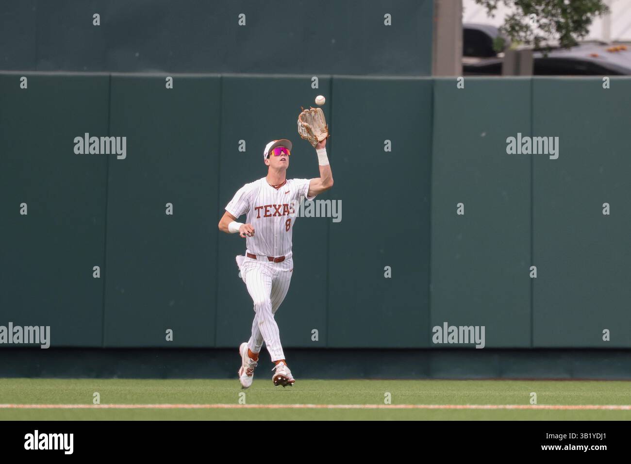 AUSTIN, TX - APRIL 26: Texas outfielder Will Gasparino (8) catches a ...