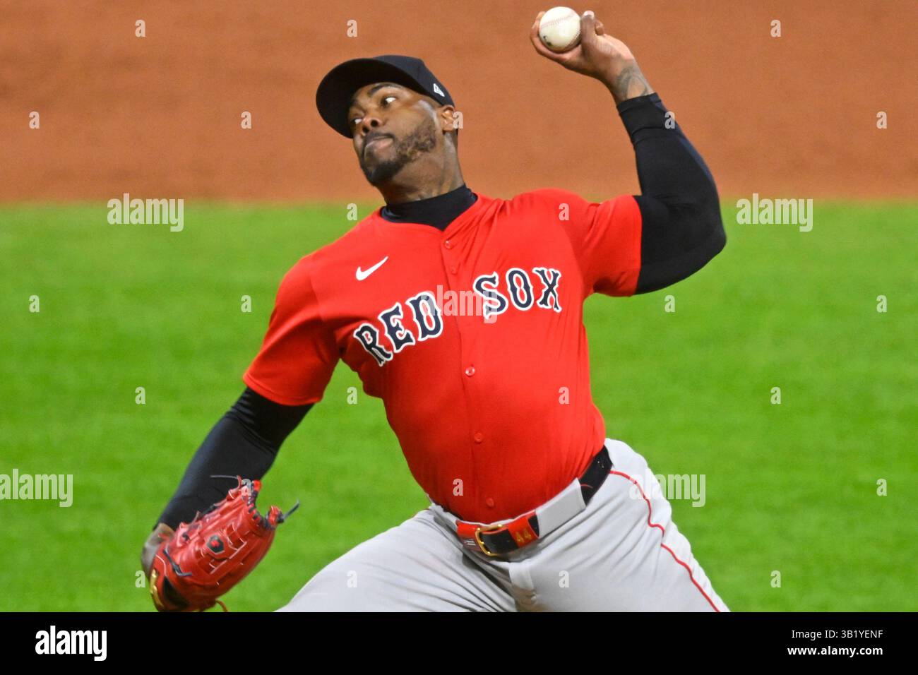 Boston Red Sox relief pitcher Aroldis Chapman delivers against the ...