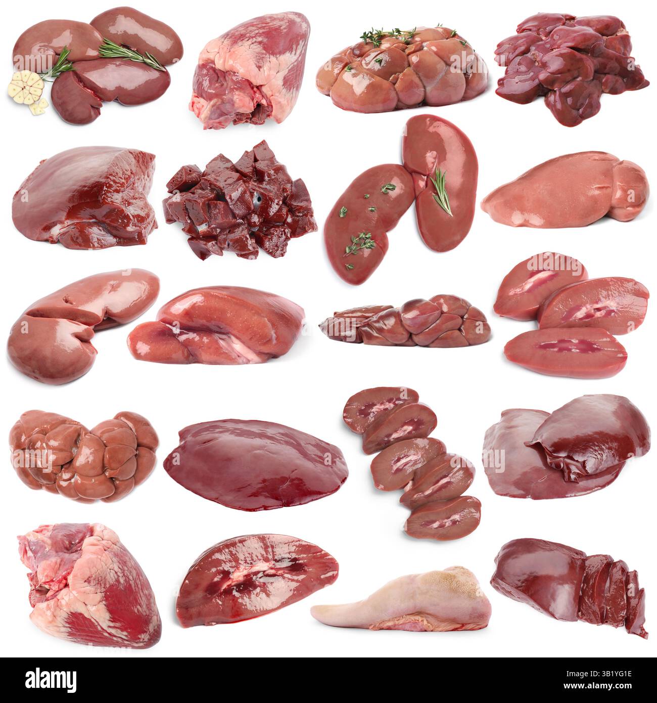 Fresh raw organ meats on white background, set Stock Photo - Alamy