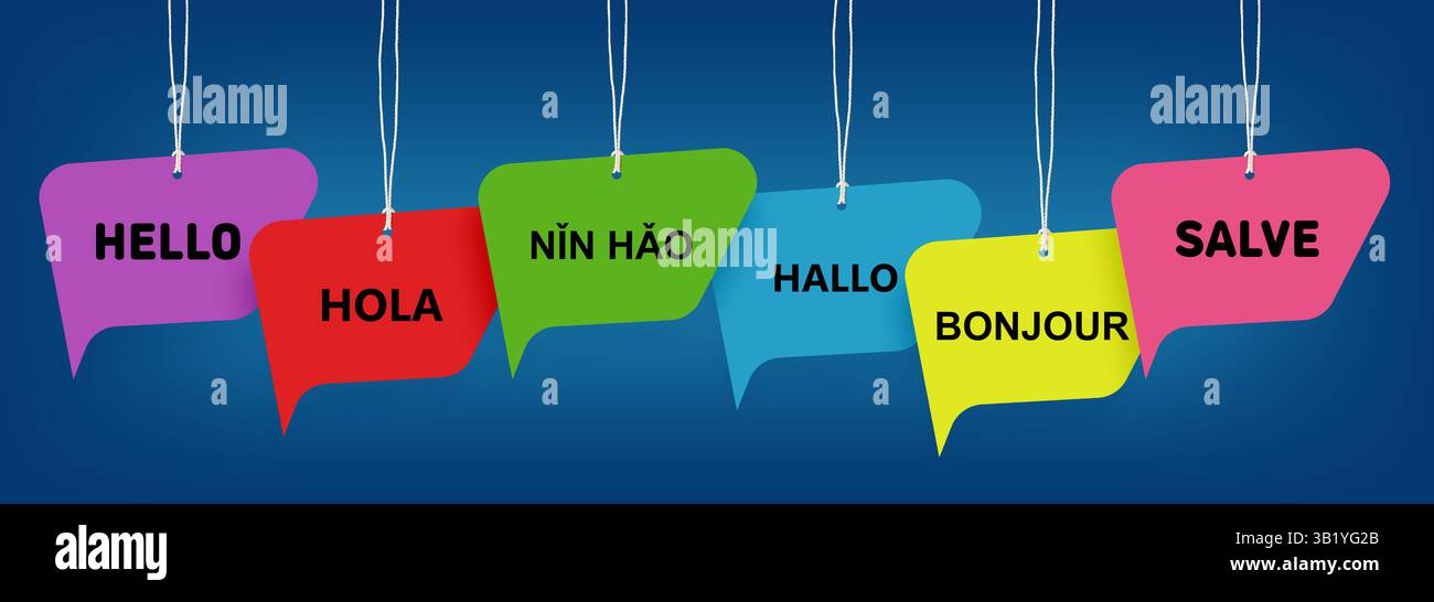 Paper speech bubbles with greetings in different languages hanging on ...