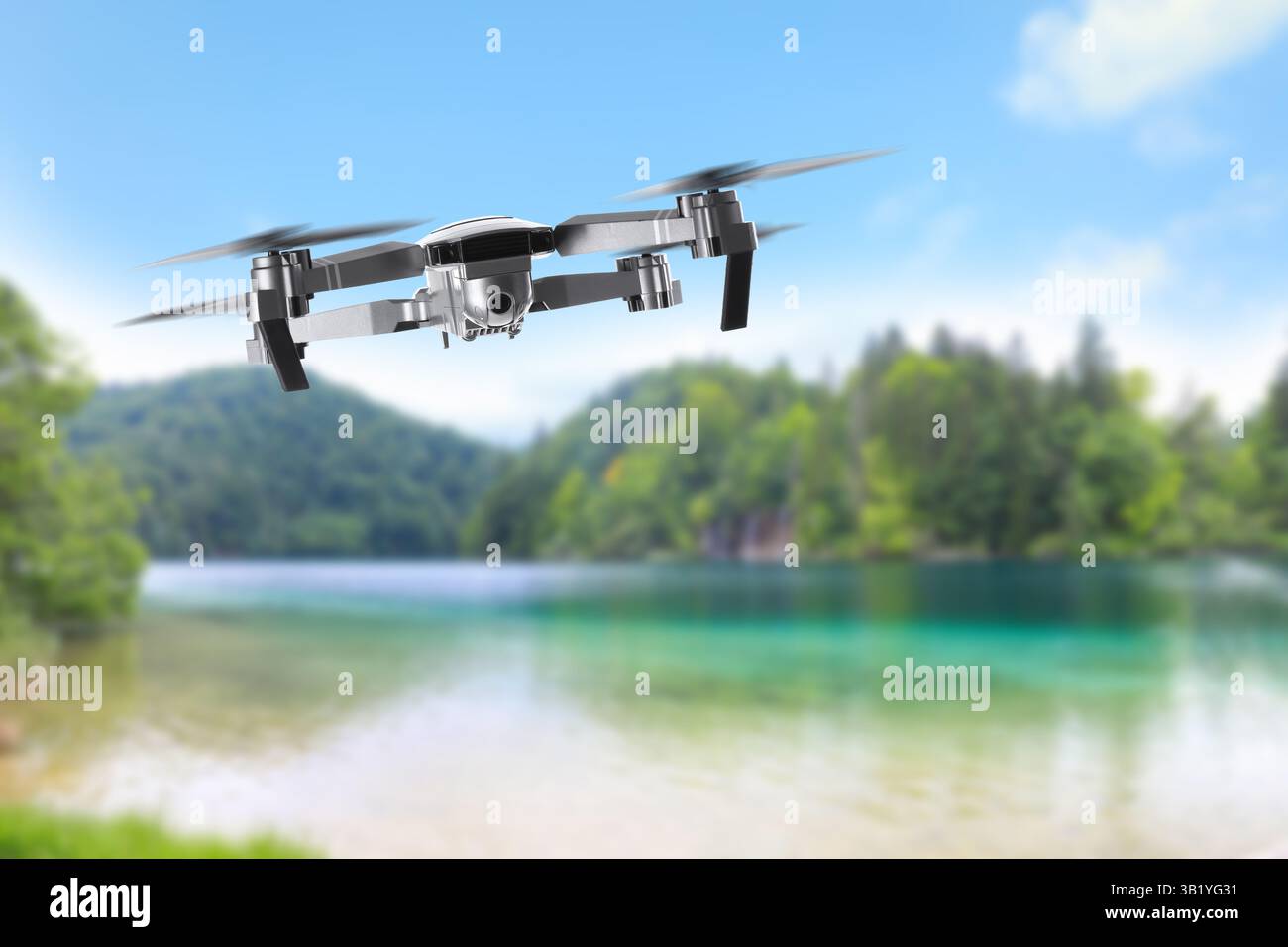 Drone with camera flying over bay. Unmanned aerial vehicle for ...