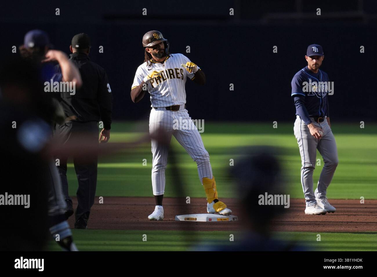 San Diego Padres' Fernando Tatis Jr. celebrates after hitting a double ...