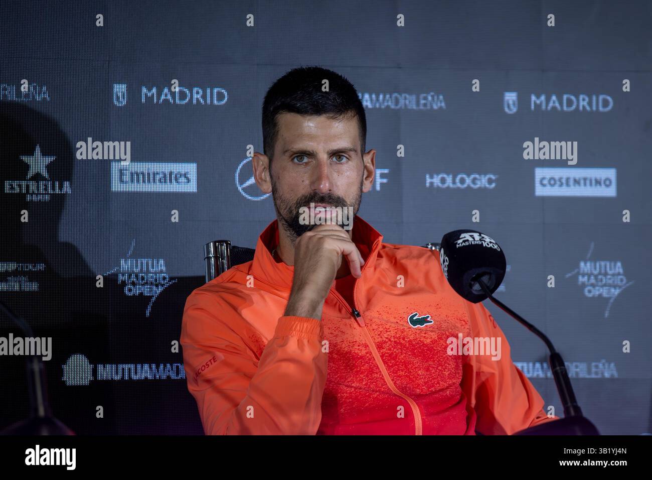 Madrid, Spain. 26th Apr, 2025. Serbian Novak Djokovic speaks during a press conference after ...