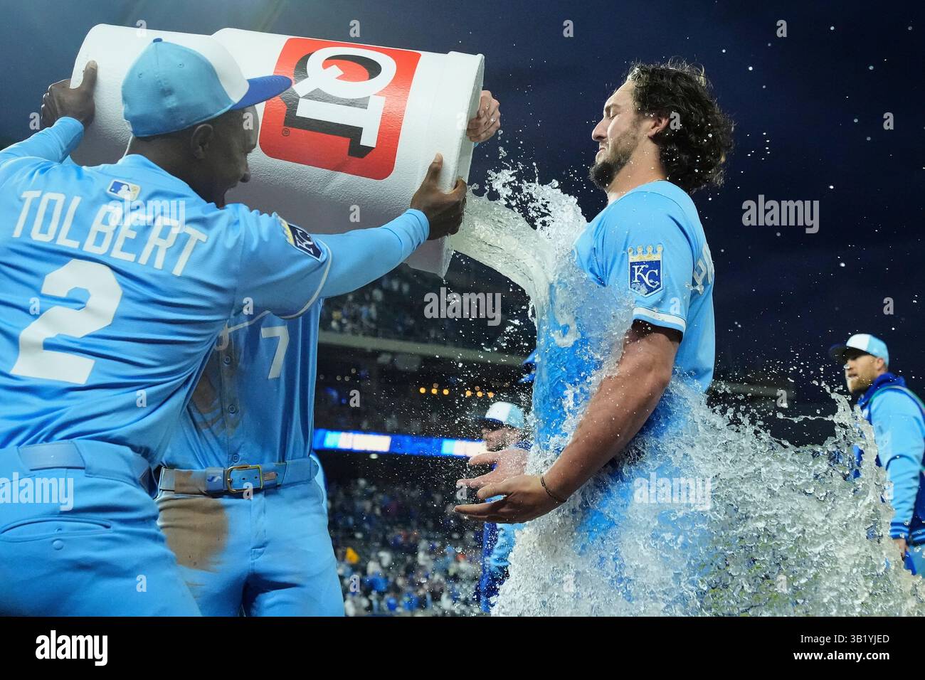 Kansas City Royals' Vinnie Pasquantino is doused by teammates Tyler ...