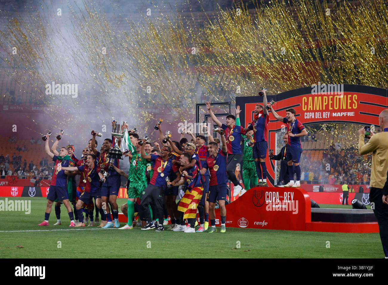 SEVILLE, SPAIN - APRIL 26, 2025: FC Barcelona players lifting the Copa ...