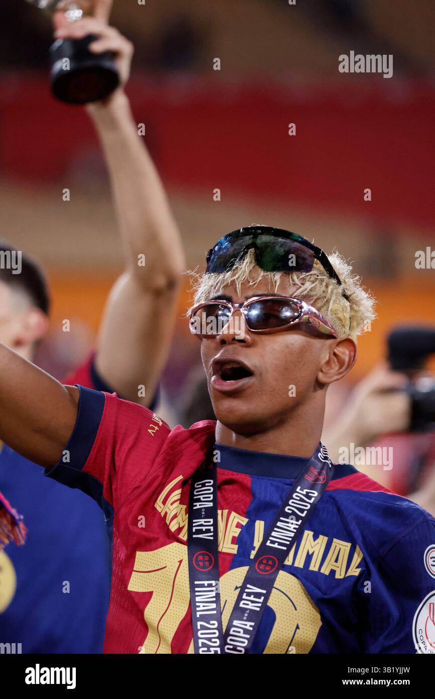 SEVILLE, SPAIN - APRIL 26, 2025: Lamine Yamal at the celebration of FC Barcelona's Copa del Rey ...